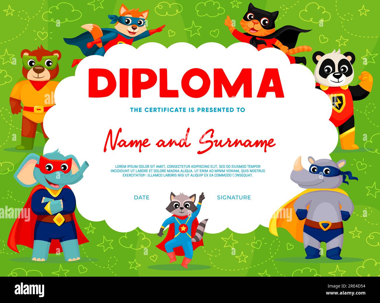 Kids diploma with superhero cartoon animal characters. Vector ...