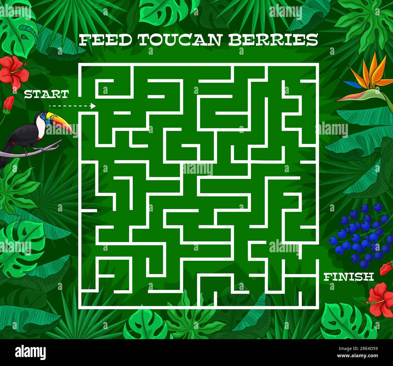 Kids labyrinth maze game, cartoon toucan bird in jungle leaves, vector ...
