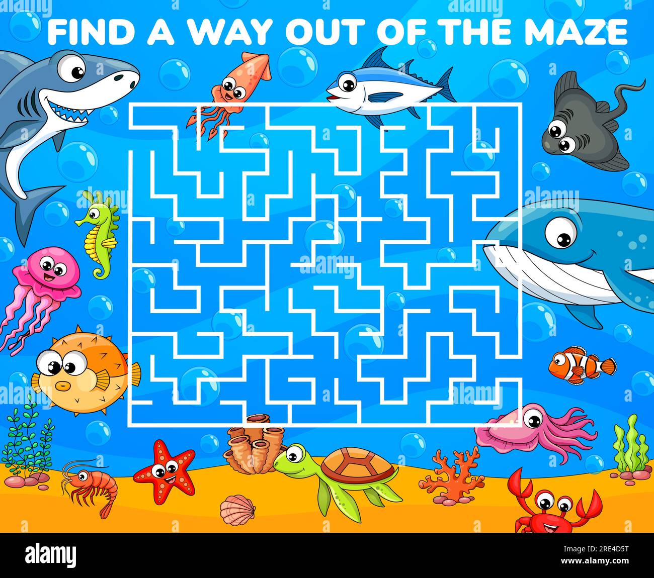 Labyrinth maze of cartoon funny underwater animals and fish. Vector ...