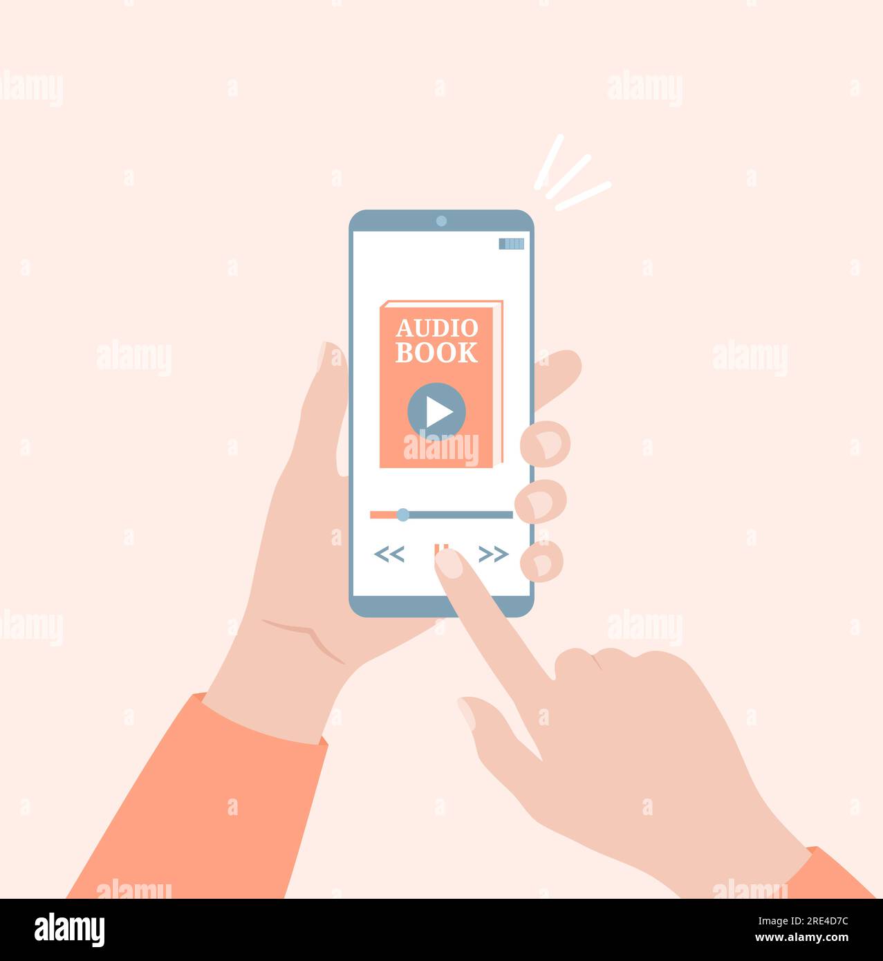 Hands holding smartphone with audiobook app on screen. Vector ...