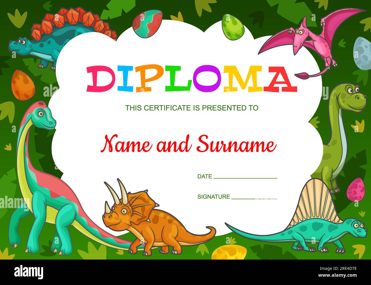Kids diploma cartoon dinosaur reptiles in jungle. Cute vector dino ...