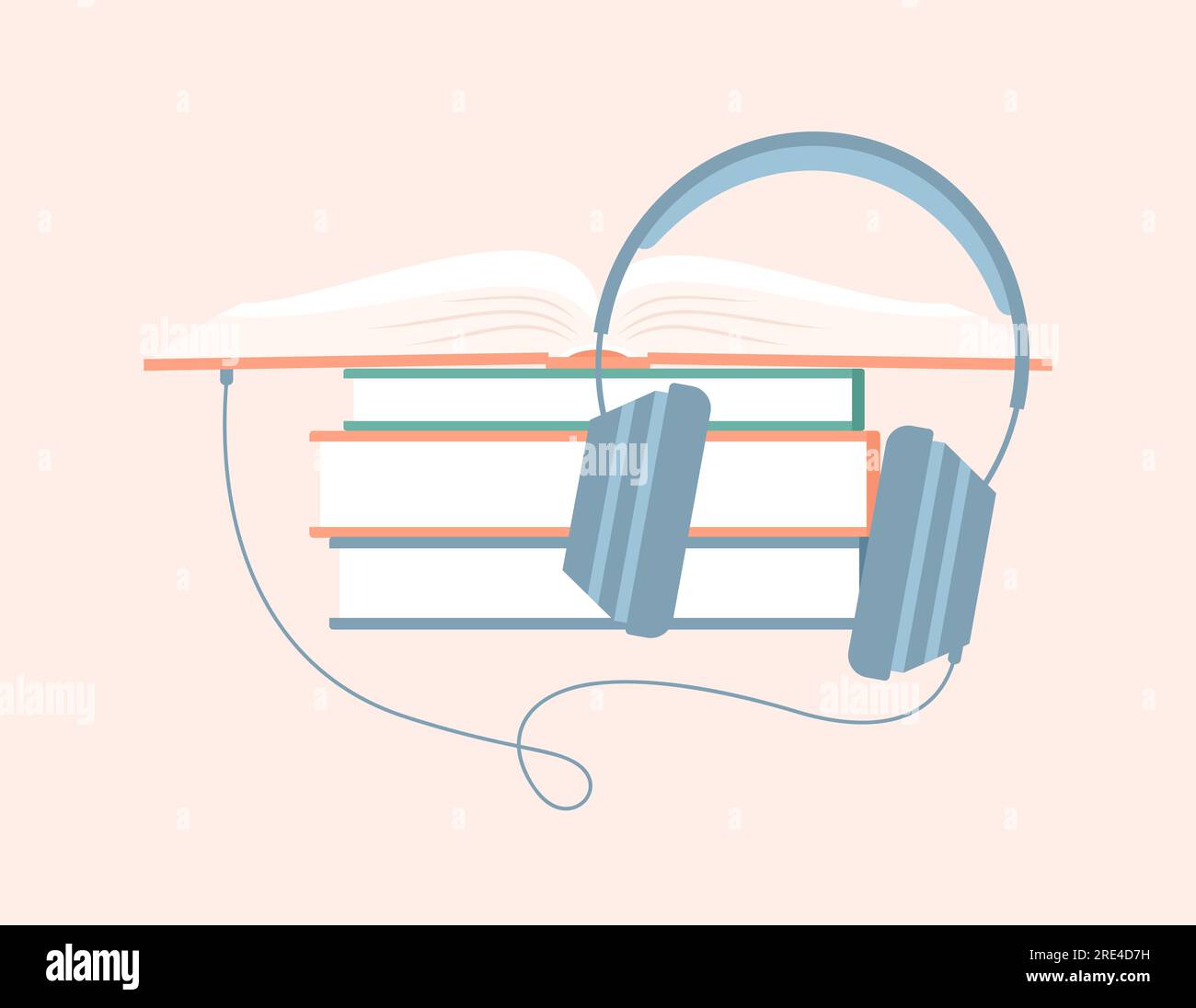 A Stack Of Books And Headphones Connected To An Open Book Listening To