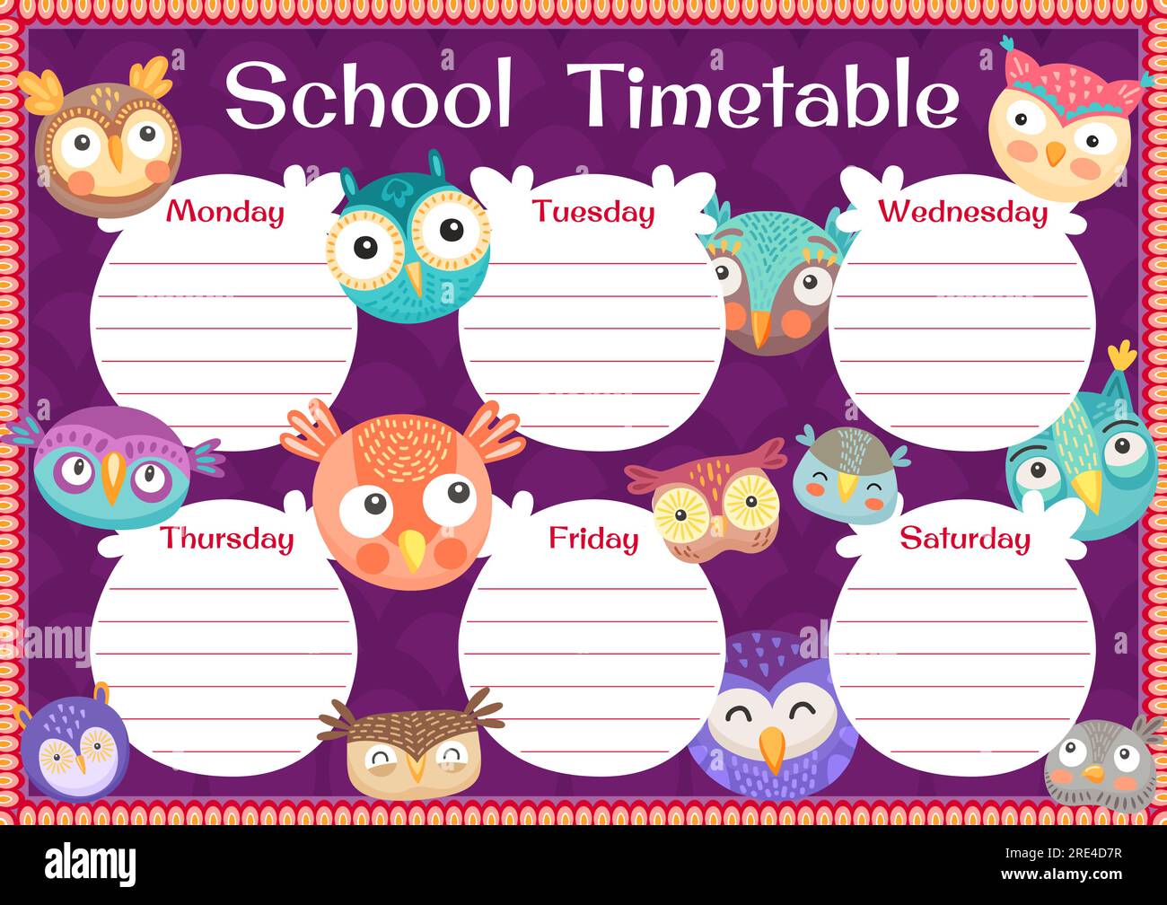 Cartoon owls and owlets funny birds, kids education timetable schedule ...
