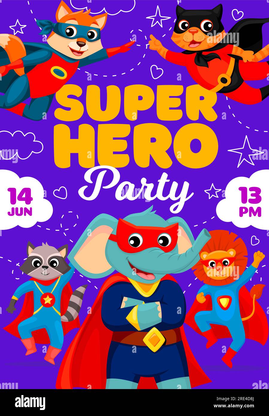 Kids superhero party flyer. Cartoon superhero animal characters vector ...
