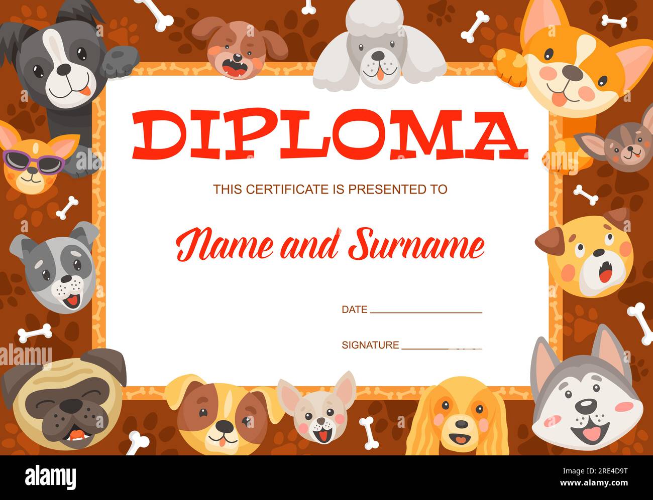 Funny cartoon puppies and dogs with bone kids diploma. Vector ...