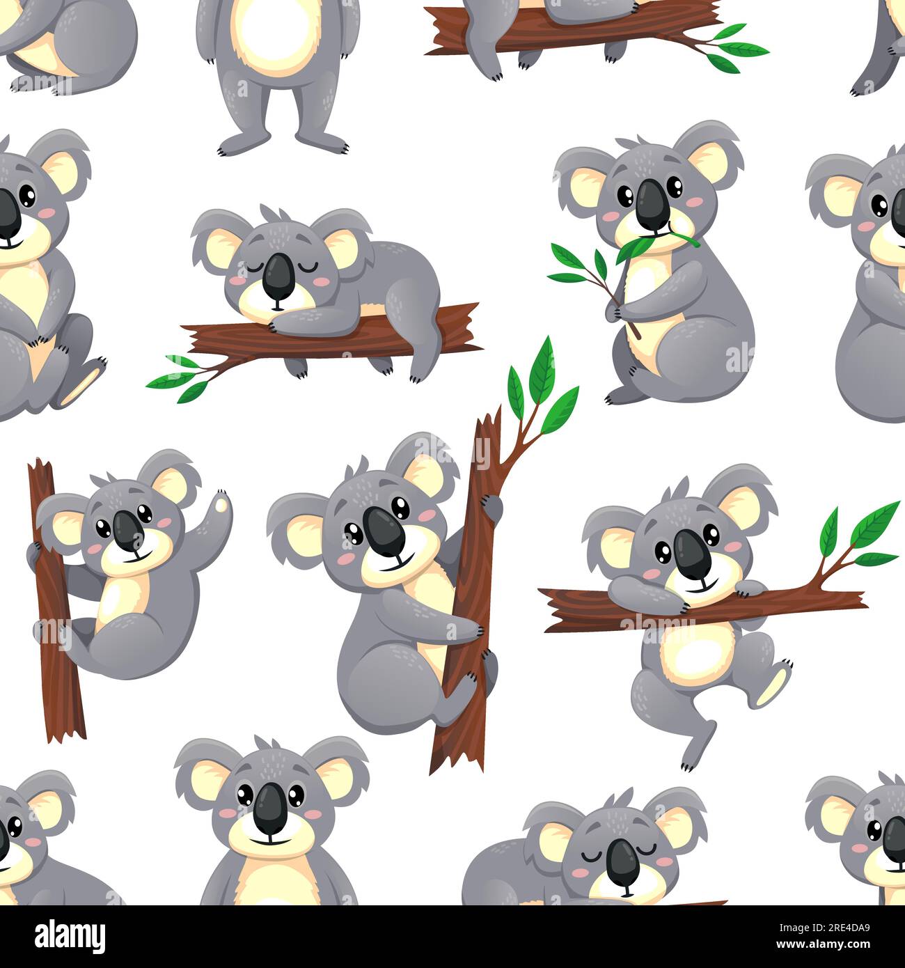 Cartoon koala bear characters, seamless pattern background, vector cute ...