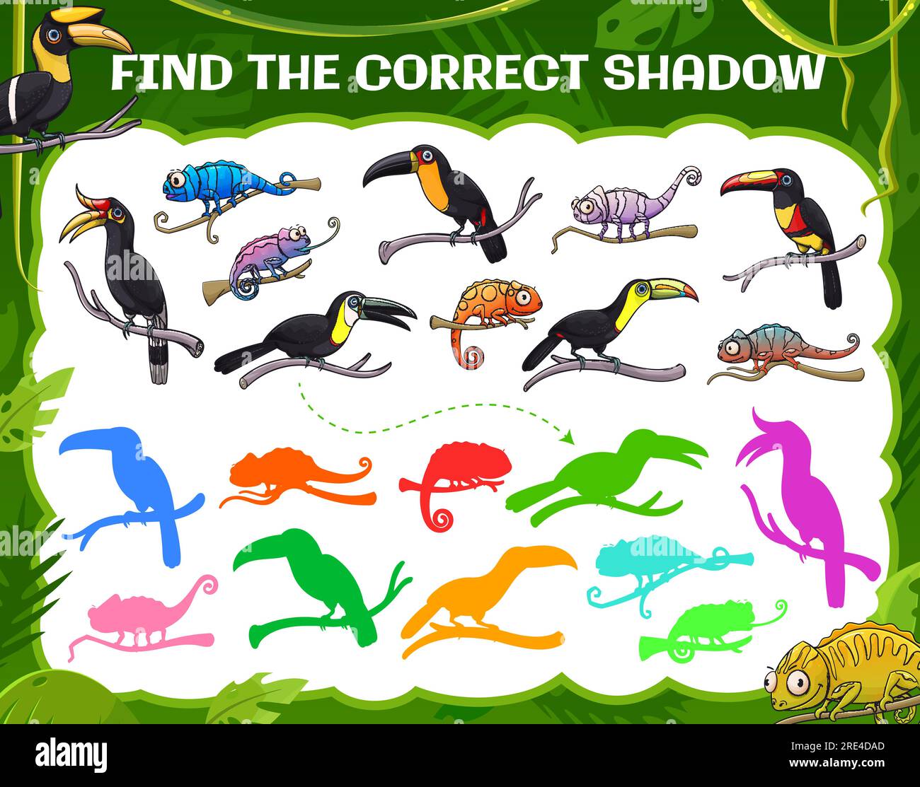 Find correct shadow of toucan and chameleon, vector kids game or ...