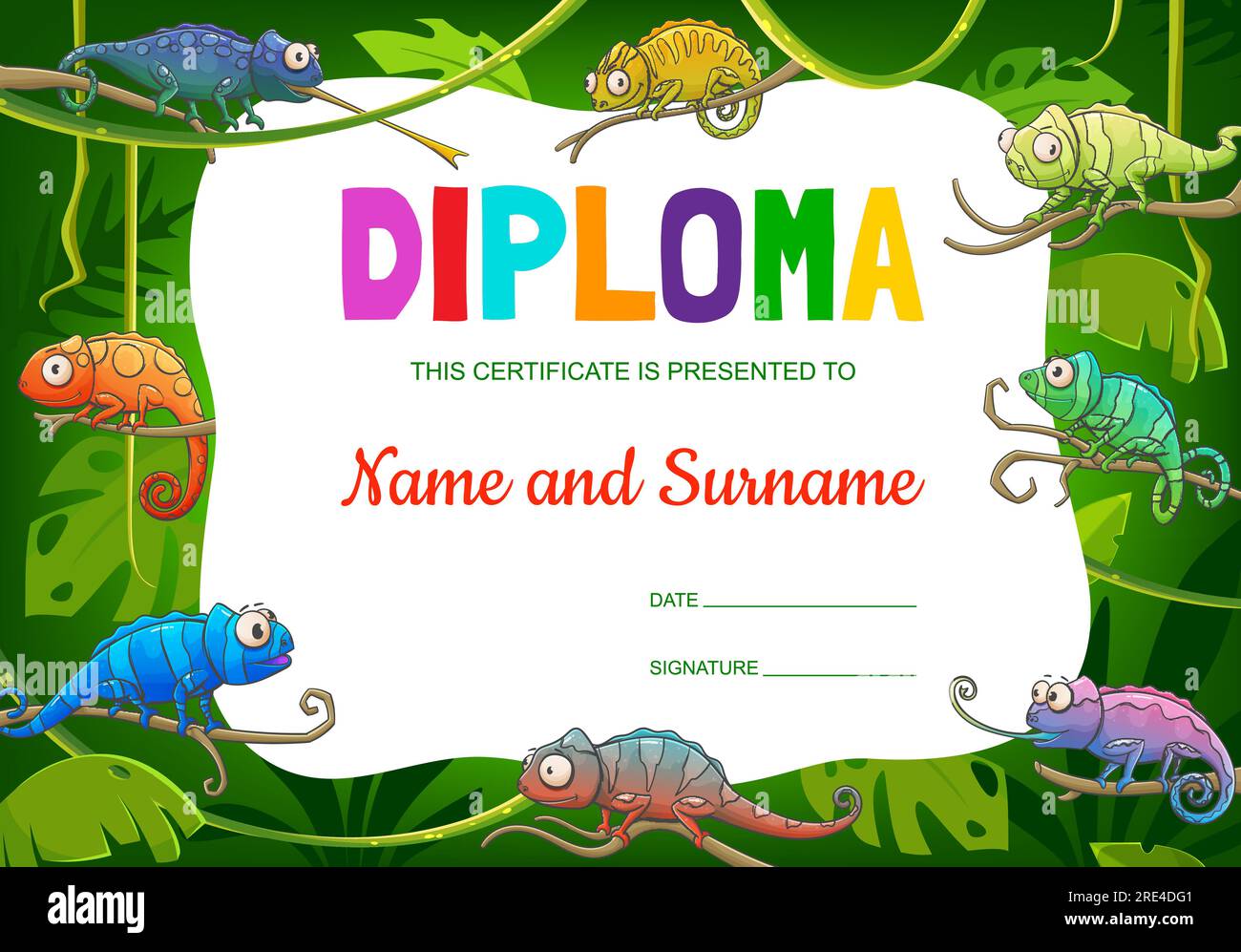 Kids diploma cartoon chameleon lizards in jungle. Education vector ...