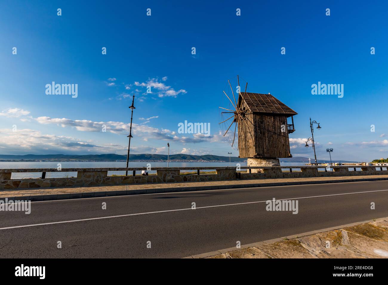 The old windmill, iconic landmark, city of Nessebar, Bulgaria, on Black ...