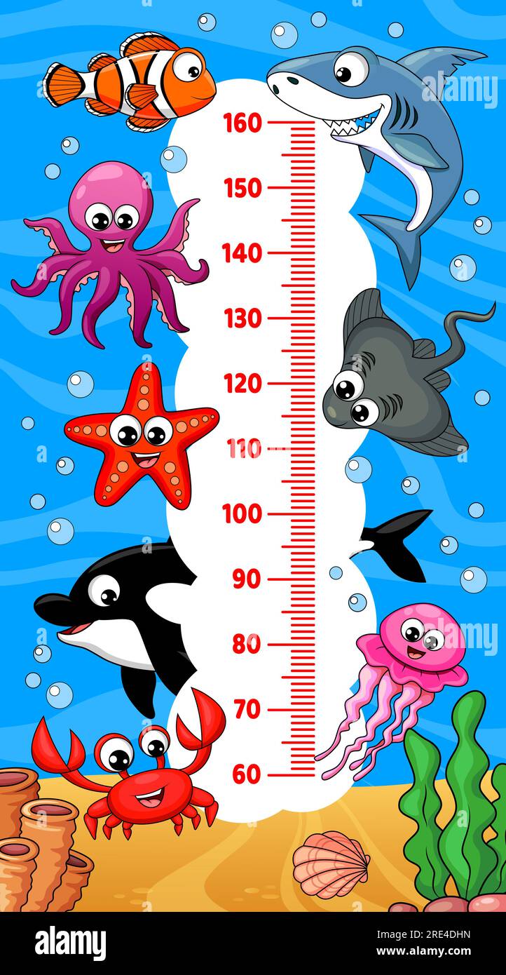 Kids height chart with underwater cartoon sea animals and vector ruler ...