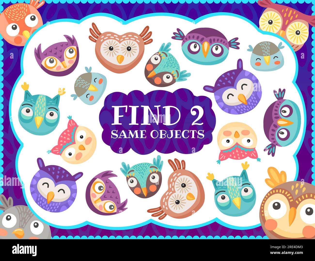 Find two same owl birds kids game. Vector maze or riddle with cartoon ...