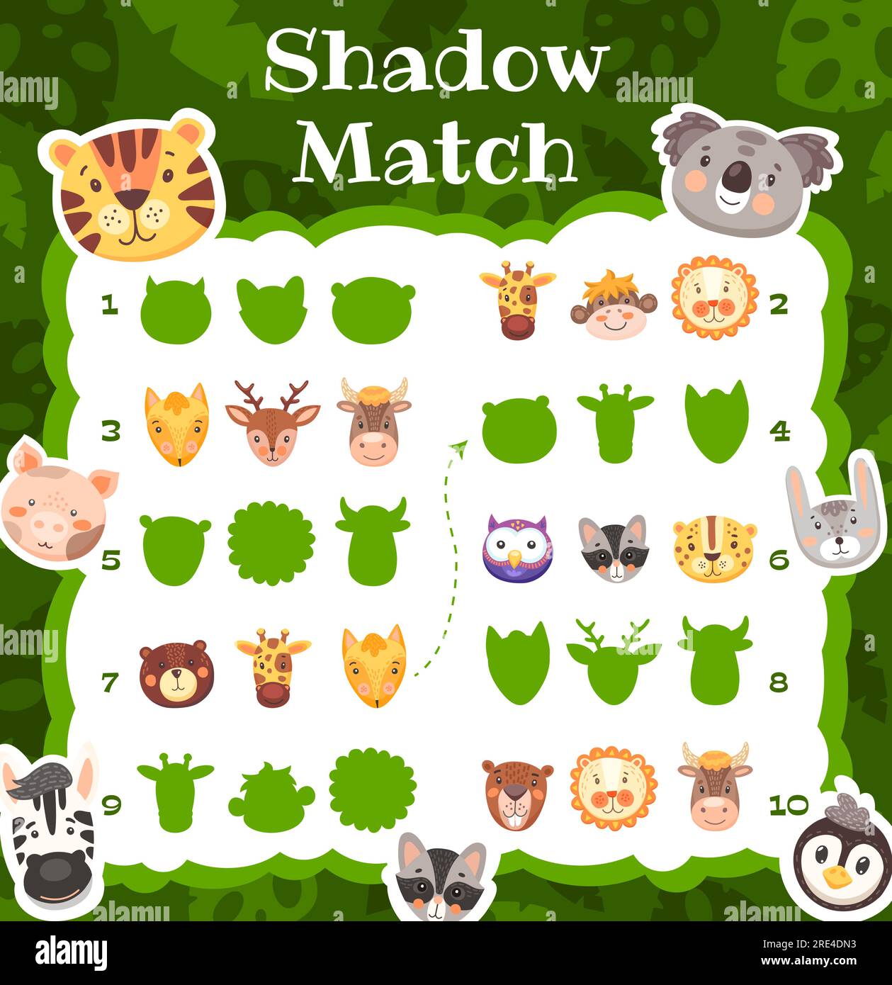 Shadow match game with cartoon animals. Kids education riddle game ...