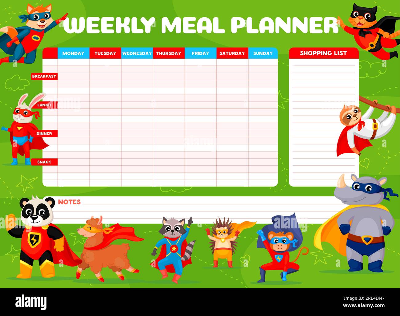 Weekly meal planner. Cartoon superhero animal characters diet food plan ...