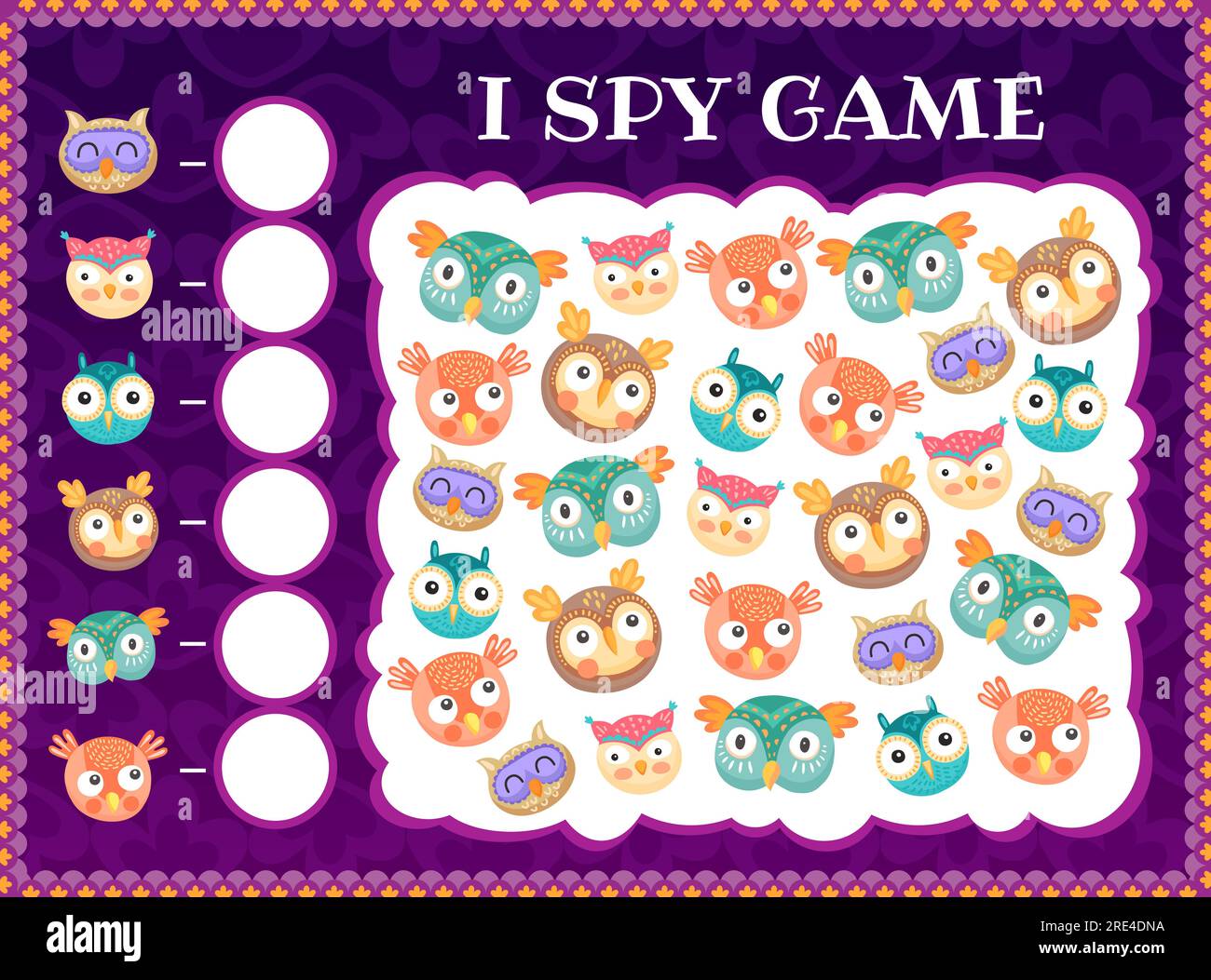 I spy game with cartoon owls and owlets, kids education game. Vector maths worksheet for baby ...