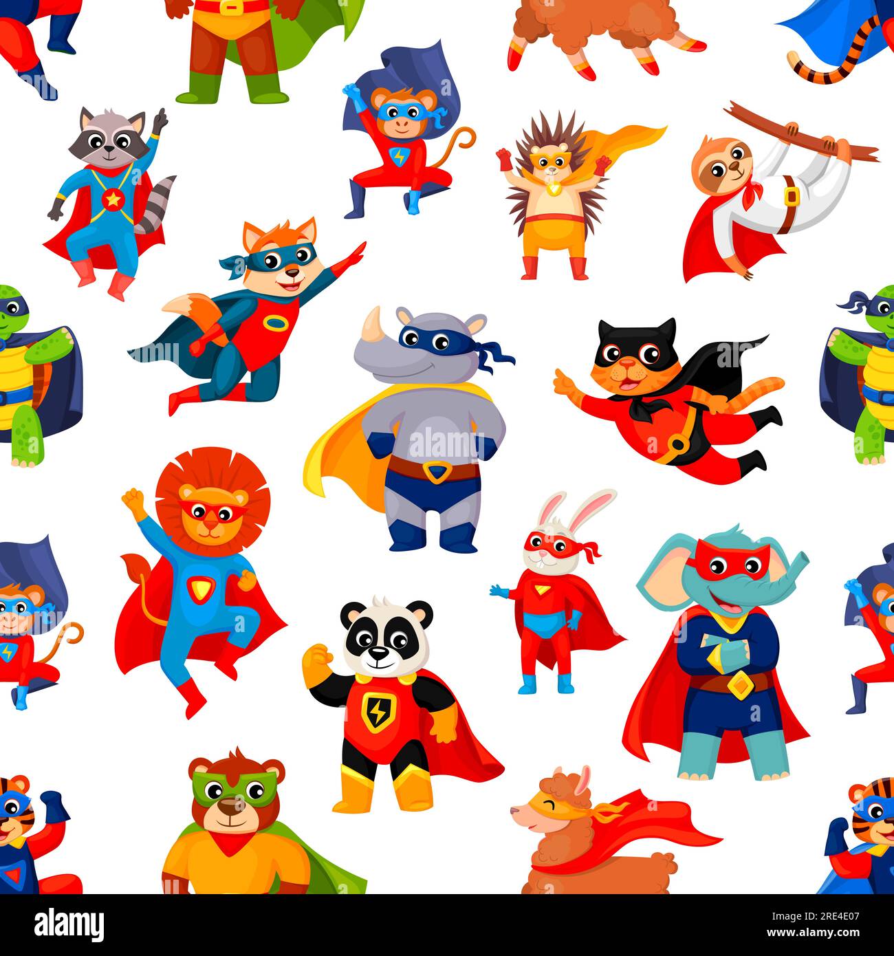 Cartoon animals superhero characters seamless pattern, vector ...