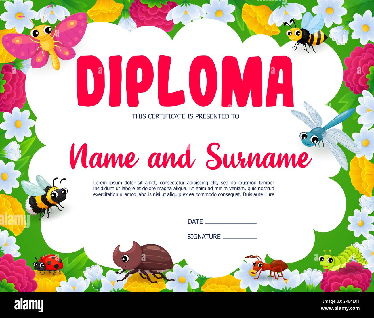 Kids diploma in cartoon insect characters on summer meadow background ...