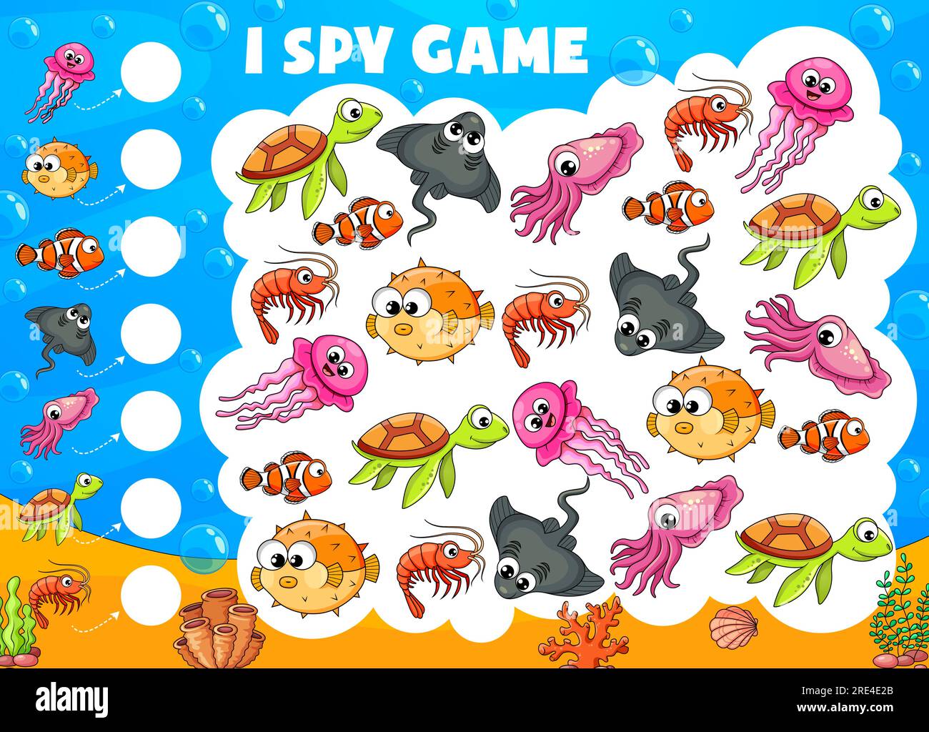 I spy game quiz vector worksheet of underwater cartoon animals and fish ...