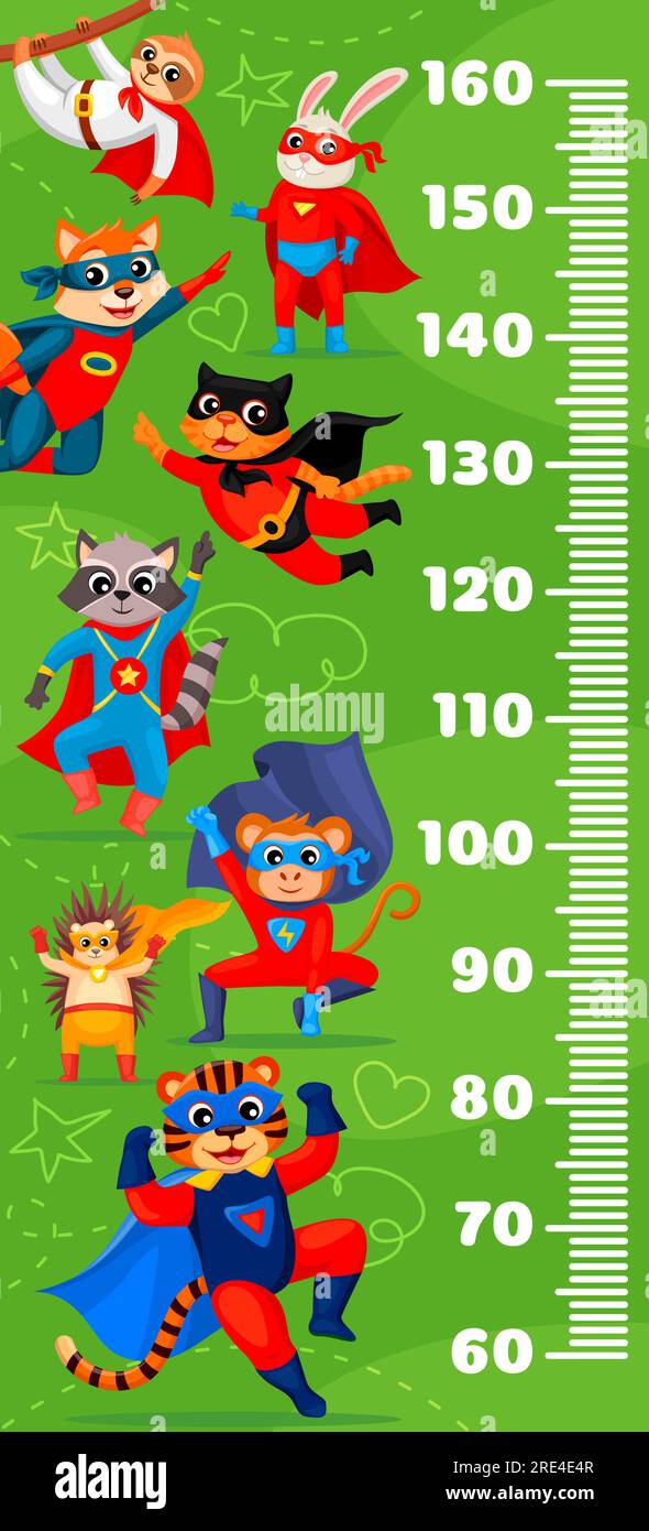 Kids height chart, superhero cartoon animal characters growth meter ...