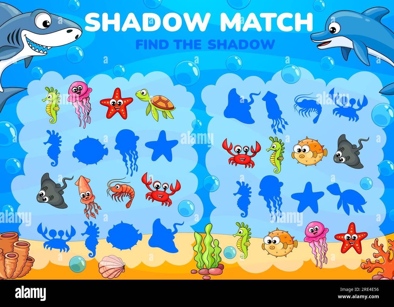 Shadow match game worksheet of cartoon funny underwater animals and ...