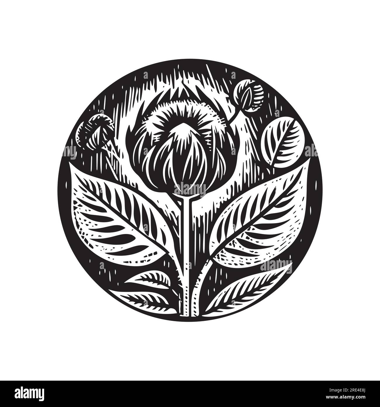 Nordic linocut floral in rustic circle motif for quirky print. Hand ...