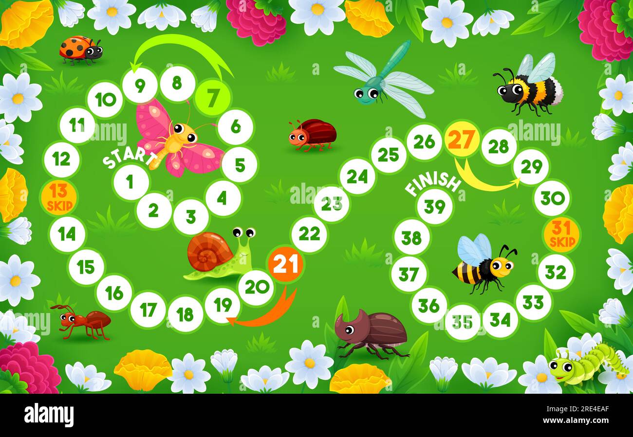 Step board game, cartoon insect characters on summer meadow with vector ...