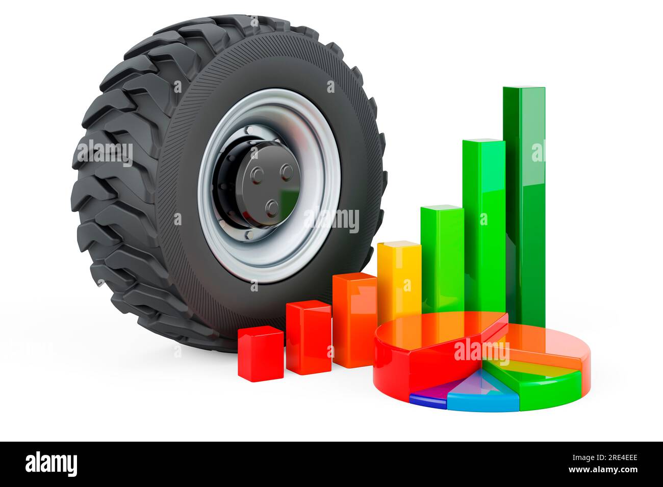 Truck Wheel with growth bar graph and pie chart. 3D rendering isolated ...