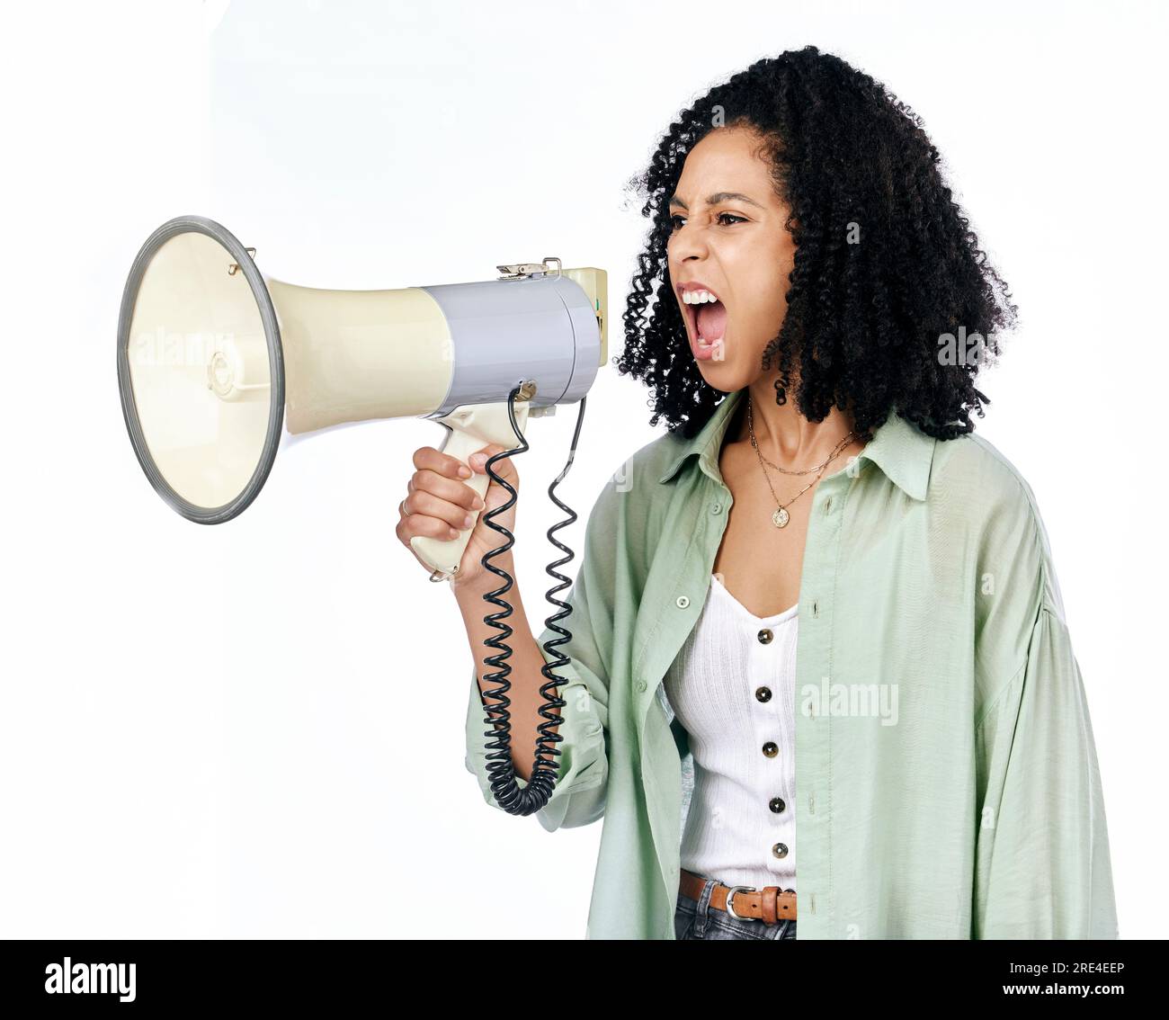 Woman, loudspeaker and angry protest in studio with shouting, noise and ...