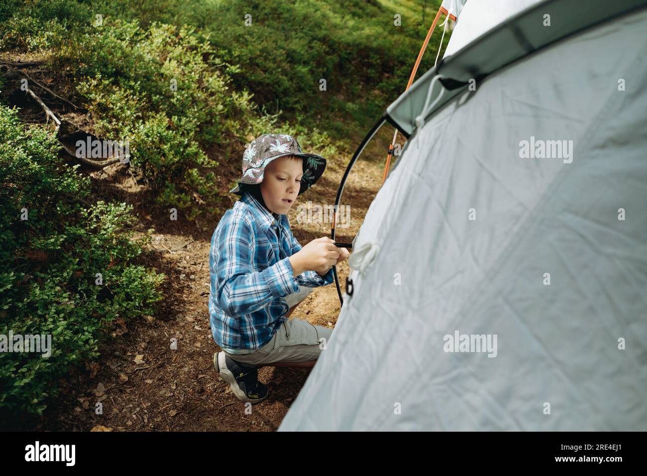 cute caucasian boy putting up a tent. Family camping conceptsunset shadows from trees. Family ...