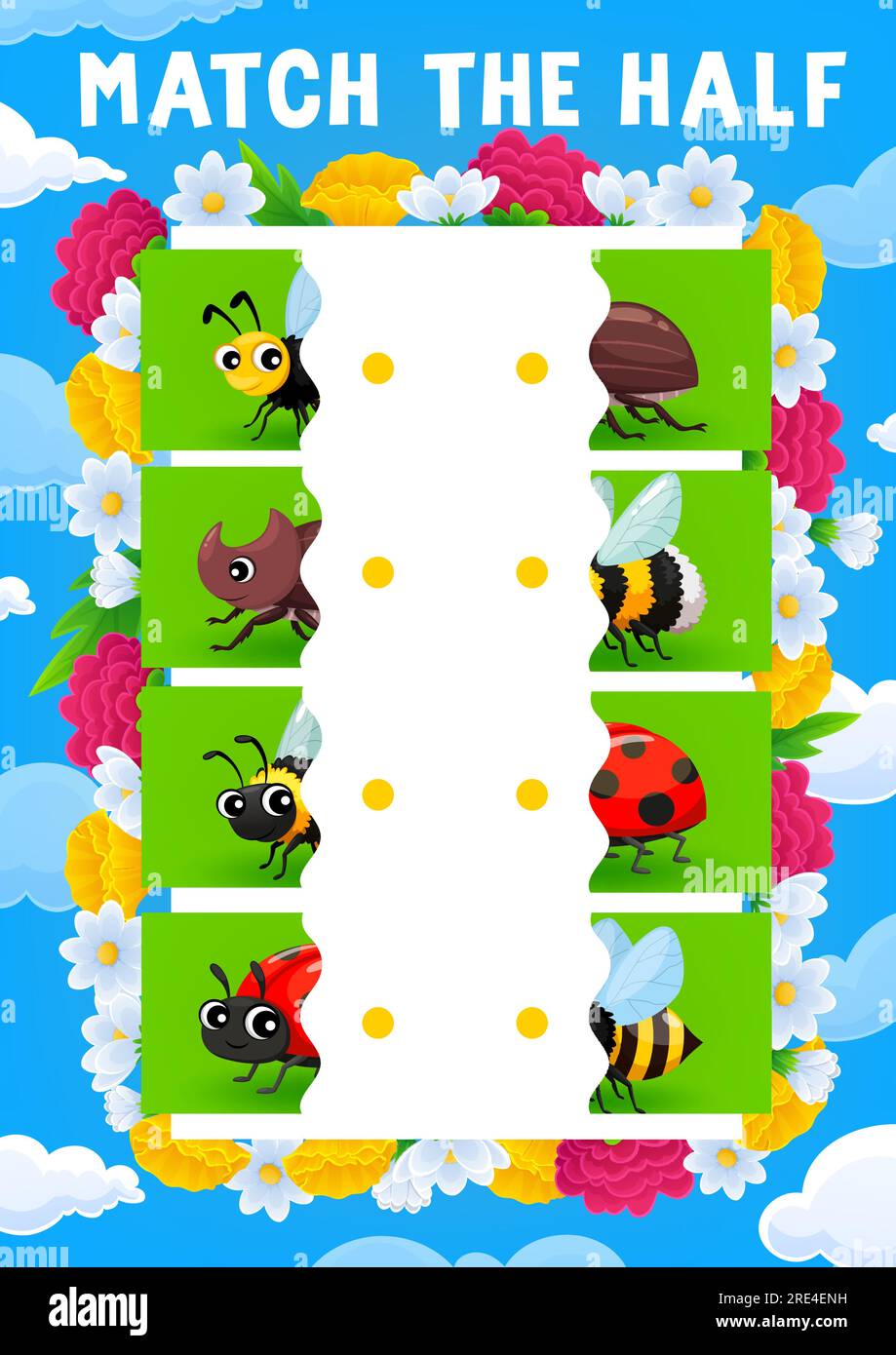 Match the half of cartoon insect characters on summer meadow. Kids game ...