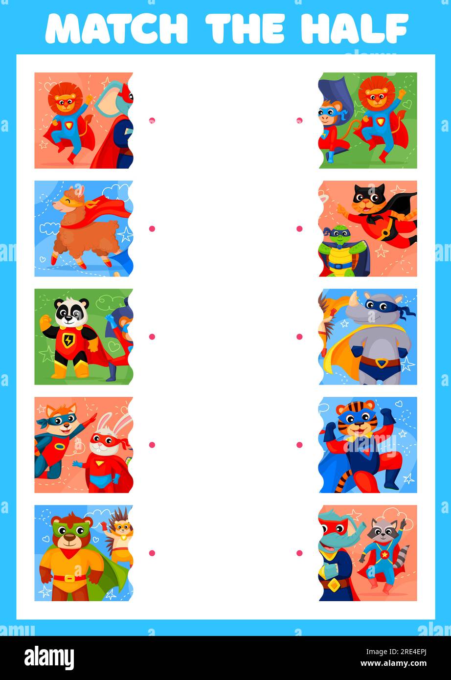 Match the half, cartoon superhero animal characters kids game worksheet ...