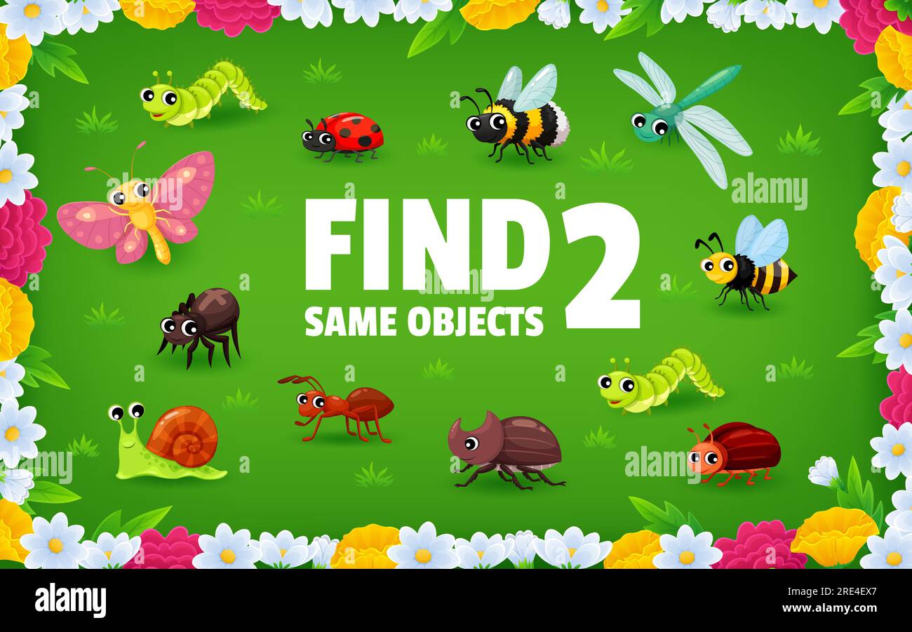 Find two same cartoon insect characters on summer meadow. Vector kids ...