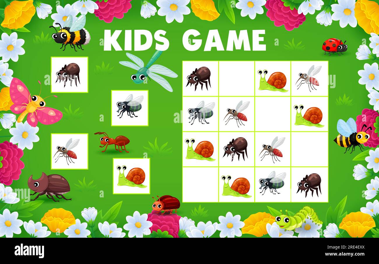 Sudoku kids game of cartoon insect characters on summer meadow in ...