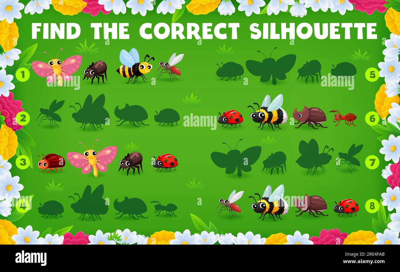 Find the correct silhouette of cartoon insect characters on summer ...