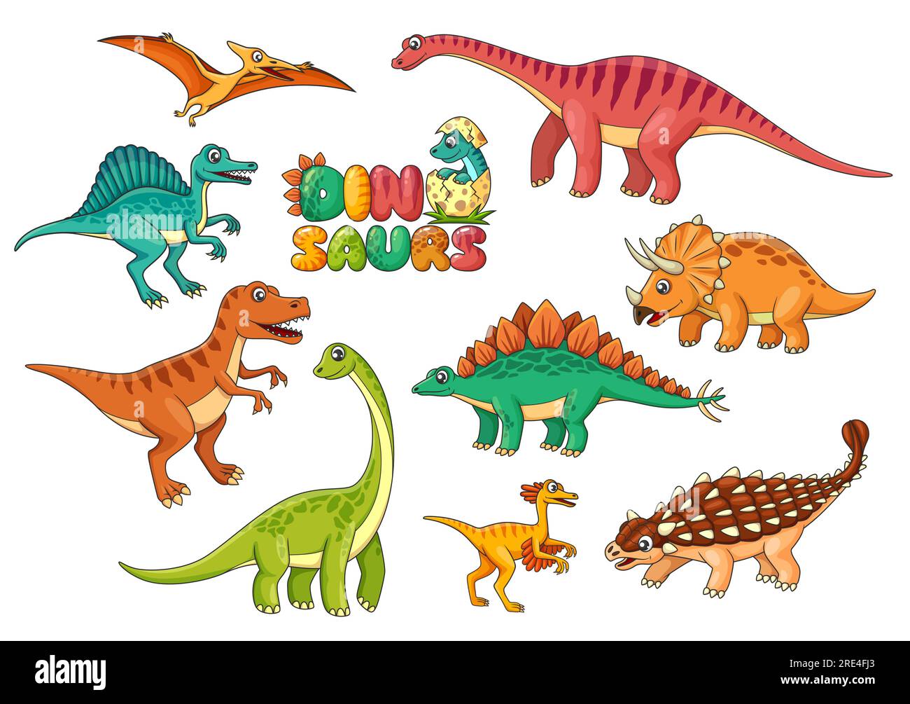 Cartoon dinosaur characters. Isolated vector spinosaurus, pteranodon ...