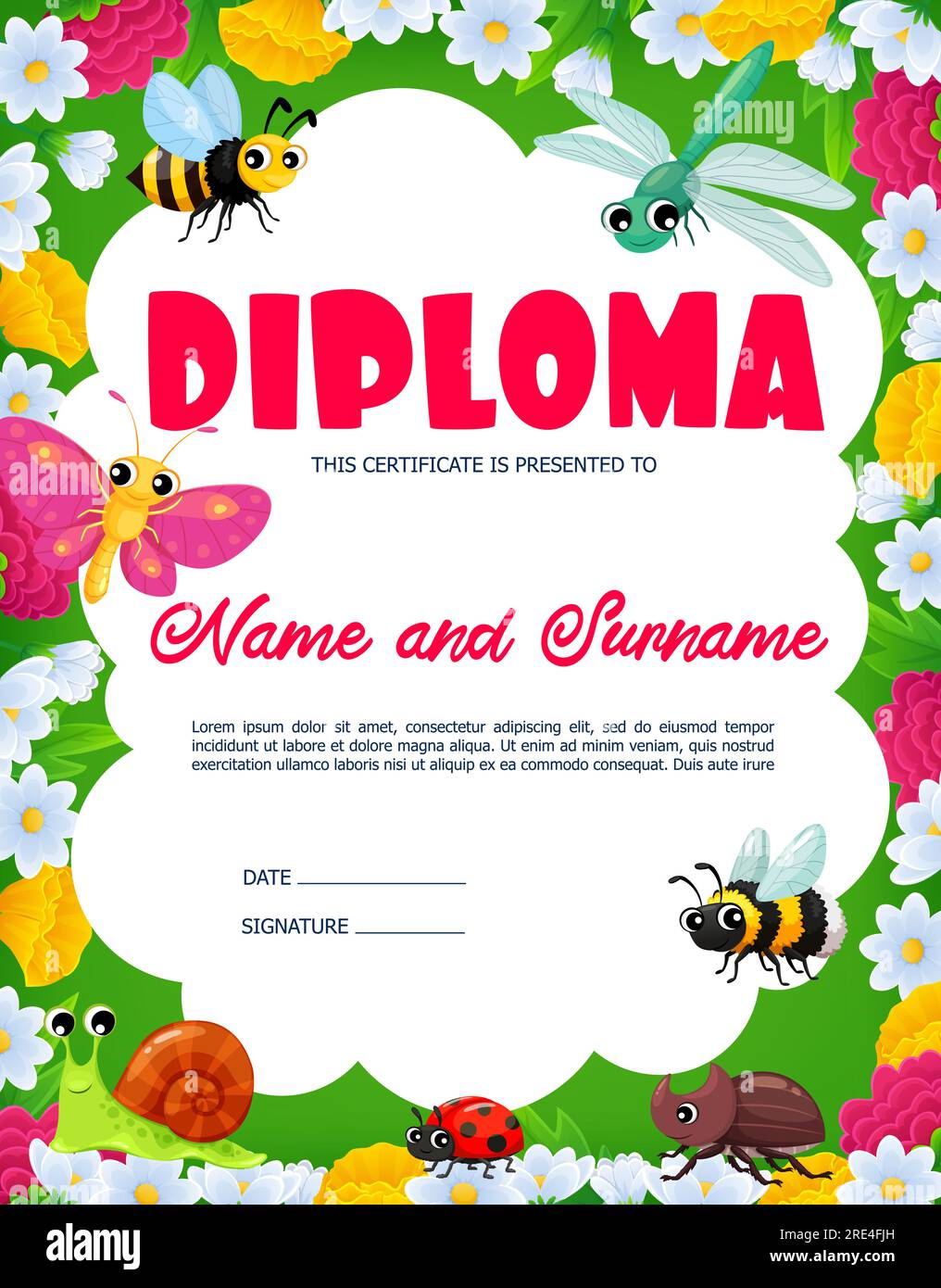 Kids diploma, cartoon insect characters on summer meadow certificate or ...