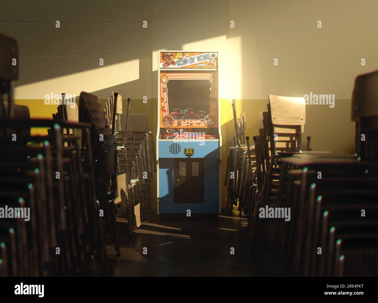 A Nintendo Donkey Kong arcade video game cabinet on a yellow wall in a ...