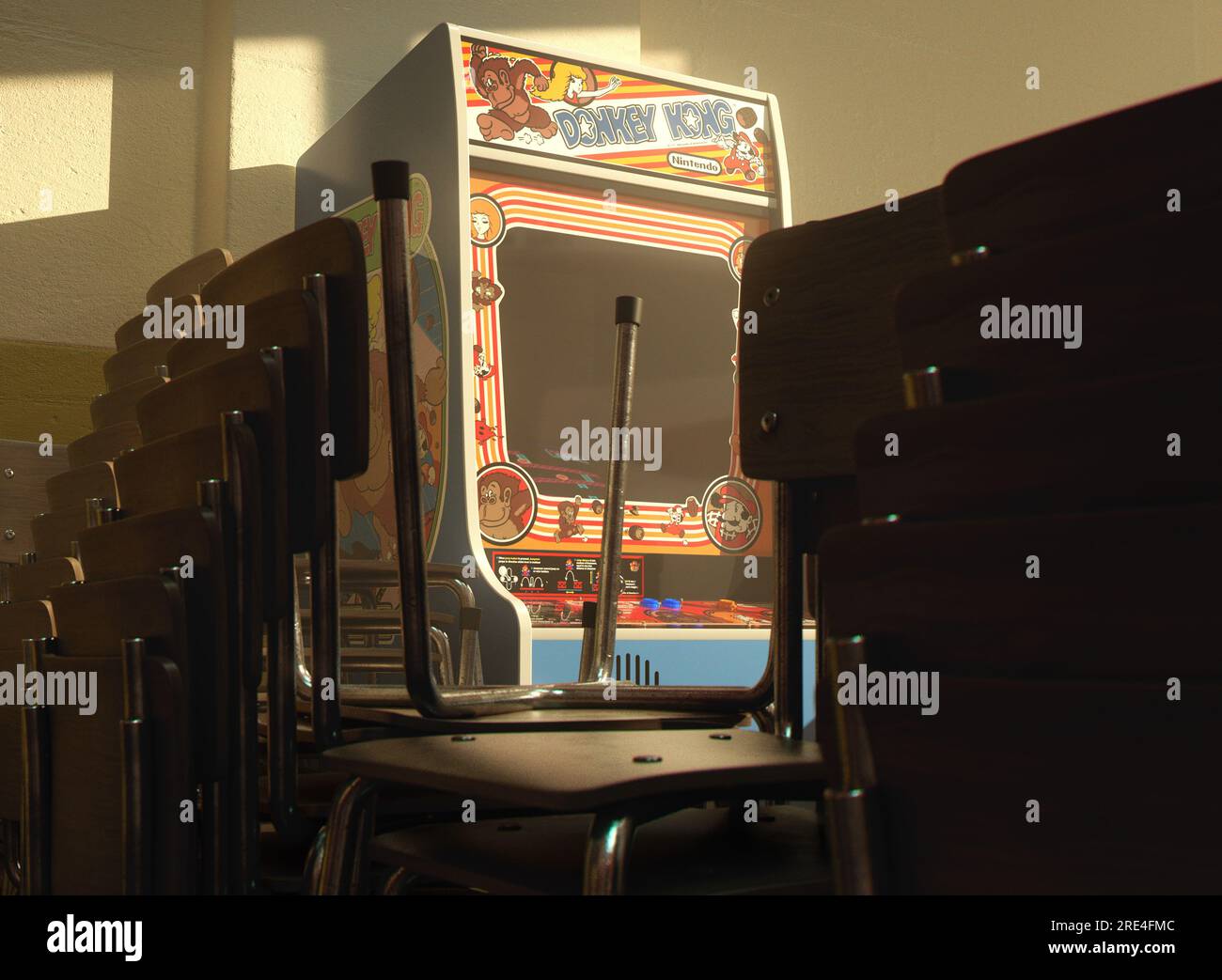 A Nintendo Donkey Kong arcade video game cabinet on a yellow wall in a ...