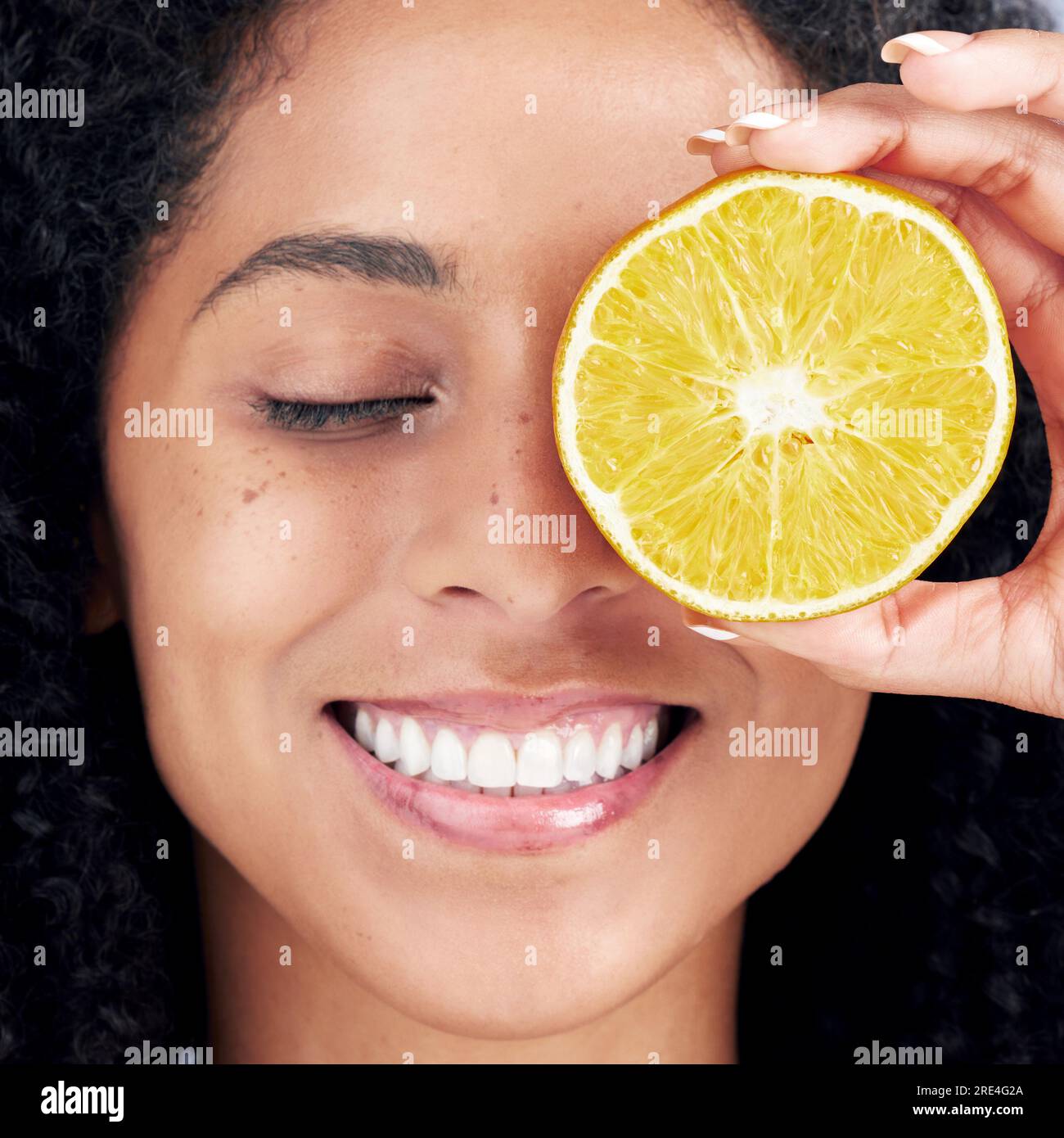 Wellness, face and woman with skincare for lemon eye with nutrition for ...