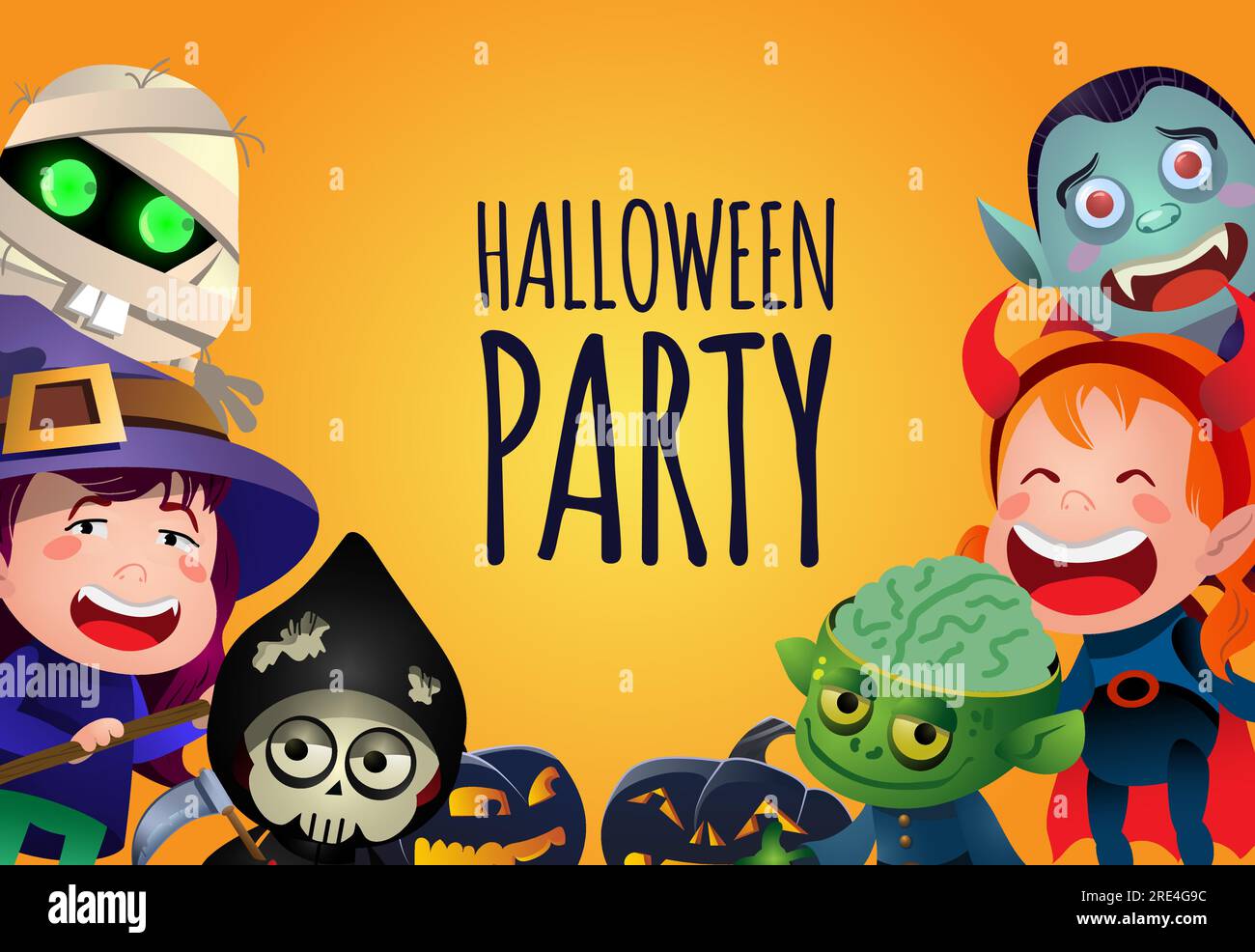 Halloween party invitation design. Kids in costumes, vampire Stock ...