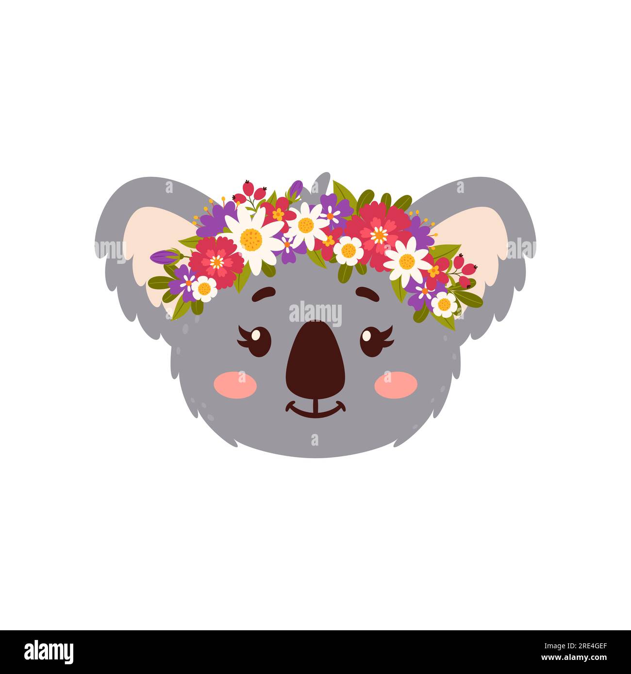 Coala cute animal with flower crown, cartoon face of funny bear, happy ...