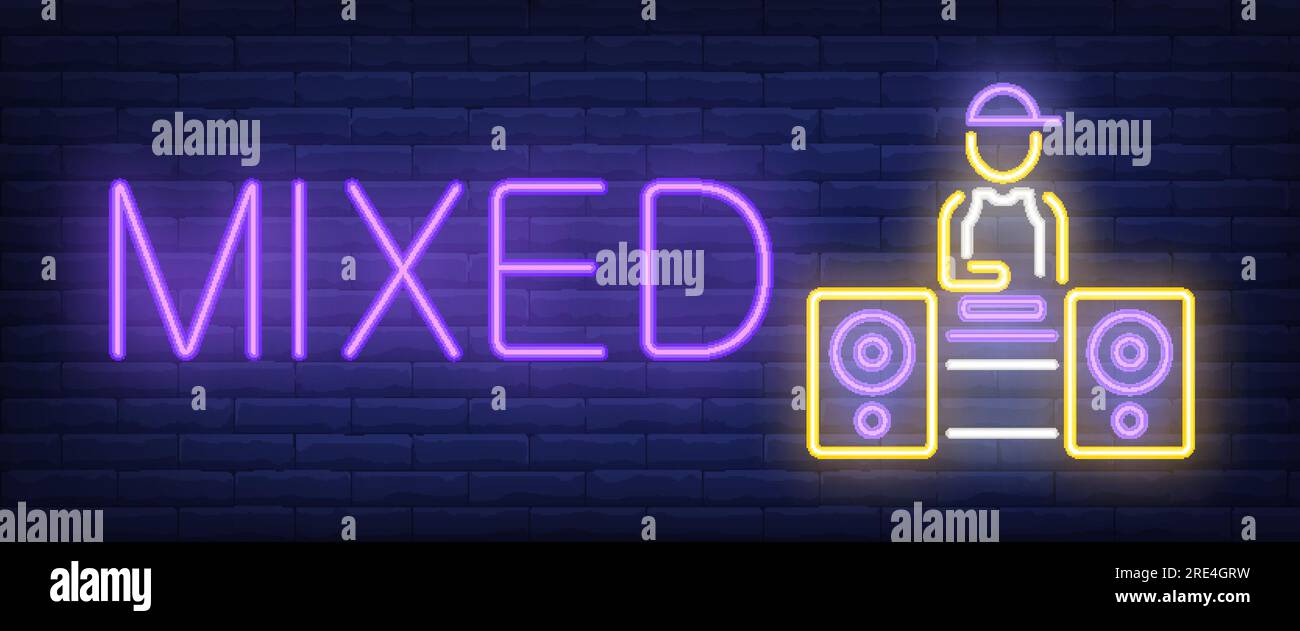 Mixed neon text with disk jockey and loud speakers Stock Vector Image ...