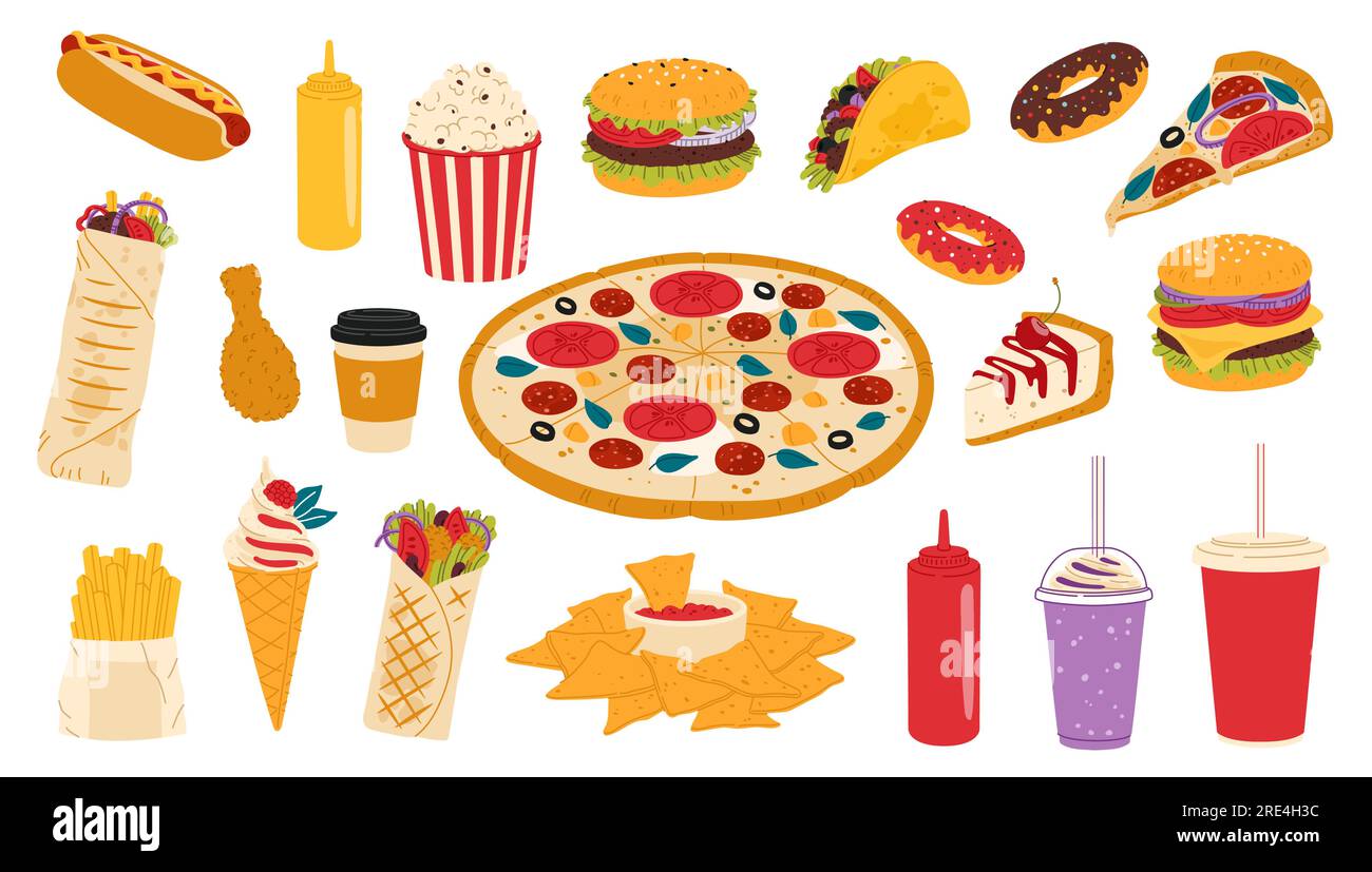 Takeaway fast food. Flat style hot dog, popcorn and hamburger, mexican ...