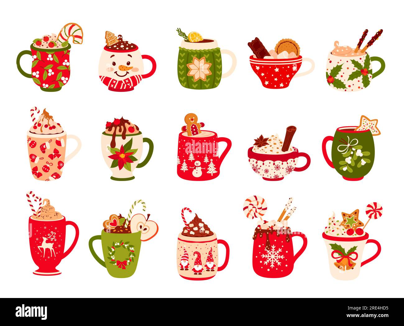 Christmas chocolate and eggnog drinks. Vector mugs and cups of winter holiday hot beverages ...