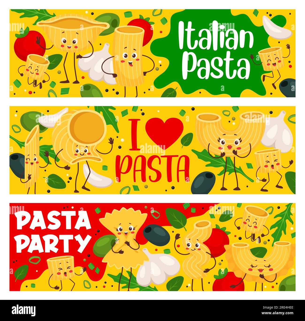 Cartoon italian pasta characters banners of Italy cuisine food party ...