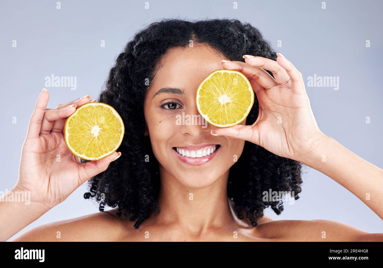 Girl, skincare and lemon eye for wellness in portrait for natural ...