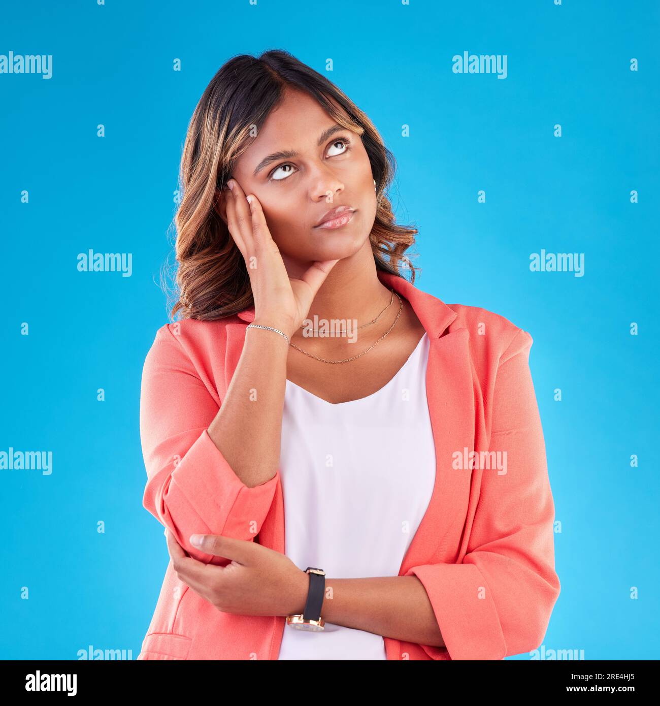 Thinking, tired and doubt with face of woman in studio for tired ...