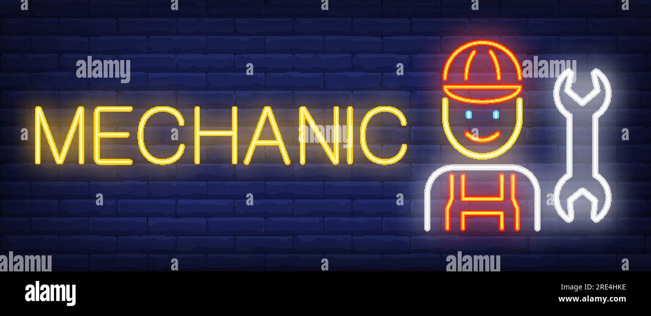 Mechanic neon text with technician and wrench Stock Vector Image & Art ...