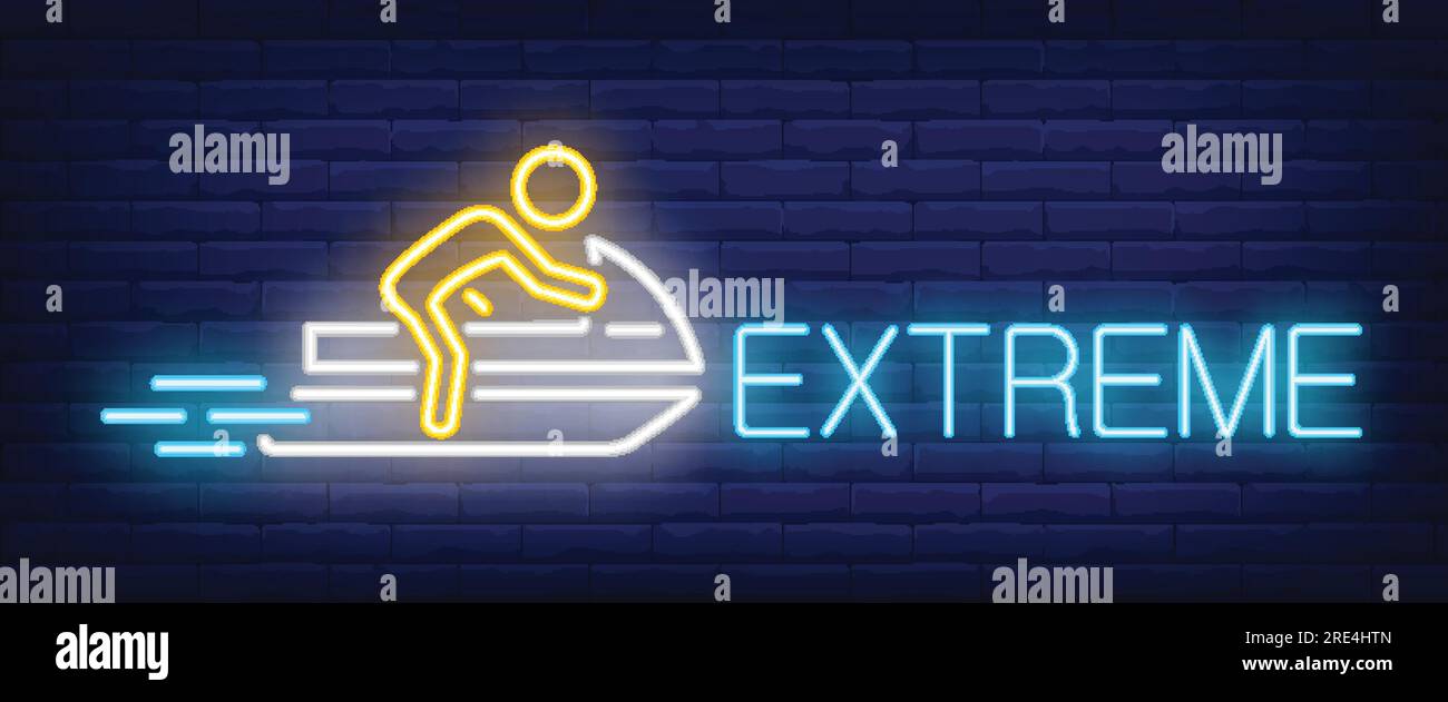 Extreme neon sign. Man riding jet ski on brick background Stock Vector ...