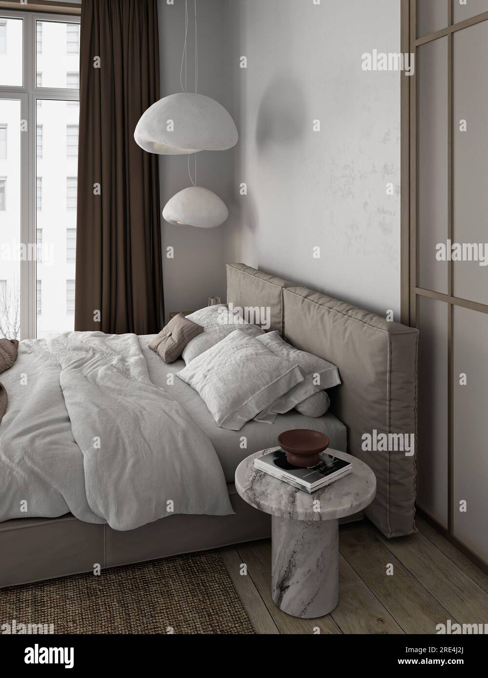 Minimal japenese bedroom interior. Bed with blanket and pillows, carpet ...