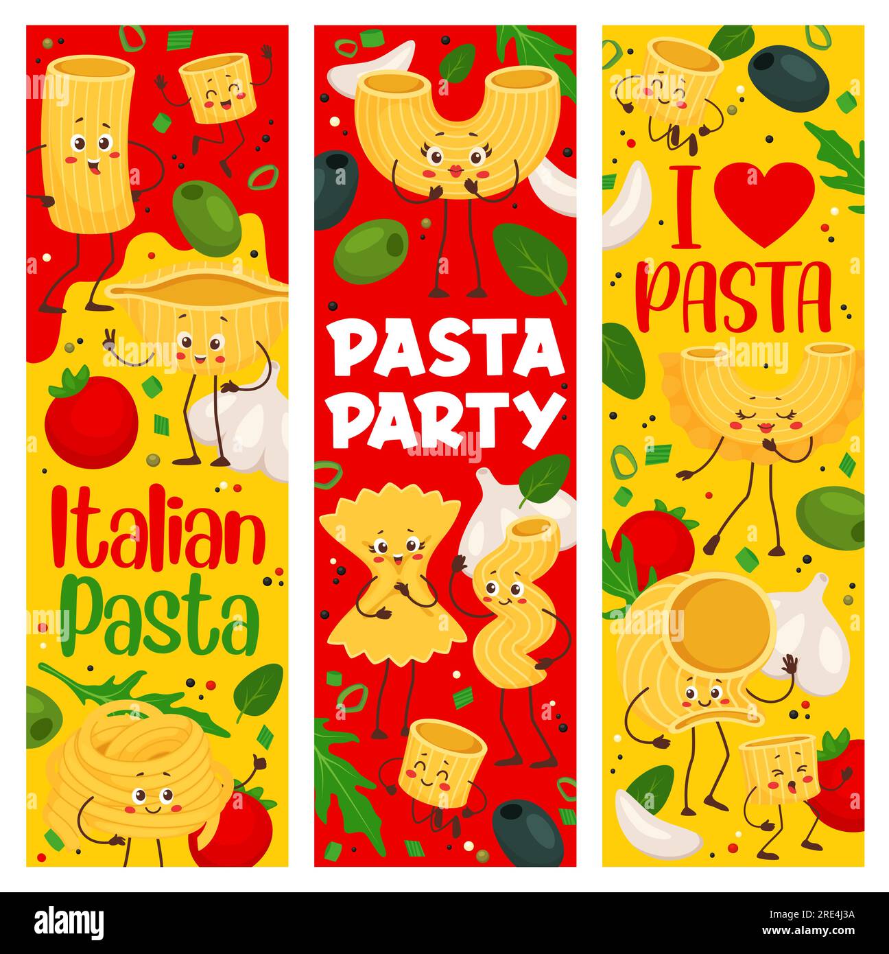 Cartoon italian pasta characters banners, funny macaroni personages of ...